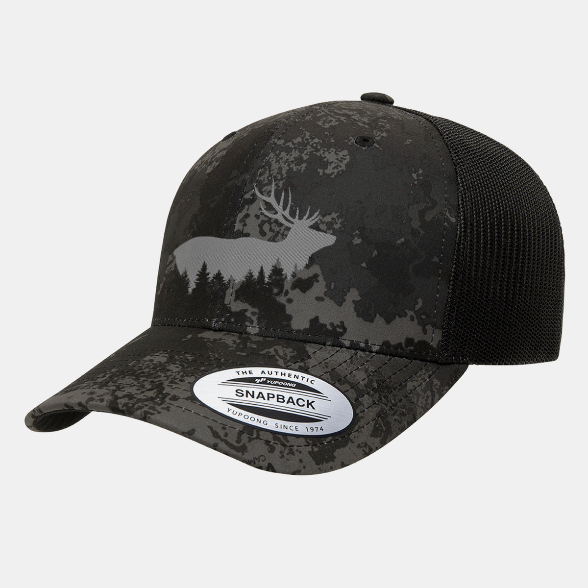 Elk Above Tree Line Midnight Camo Trucker Cap | Black Lantern